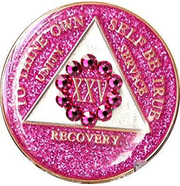 A10: AA Medallion Glitter Pink Coin w Pink Circle Crystals (Yrs 1-60)